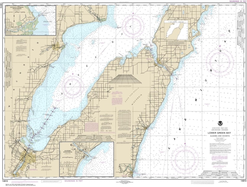 NOAA Chart 14910. Nautical Chart of Lower Green Bay - Oconto Harbor ...