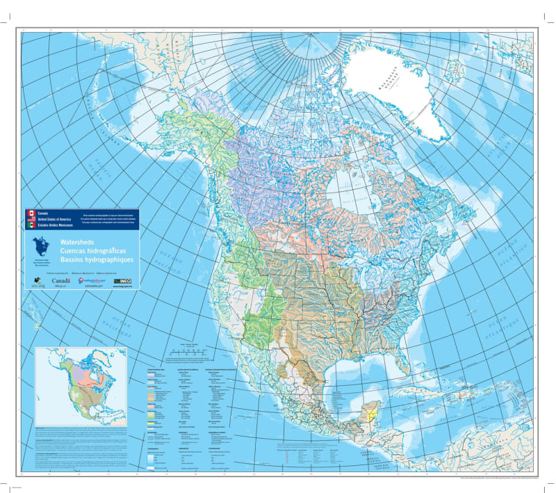 Watersheds of North America Wall Map. This map shows watershed basins ...