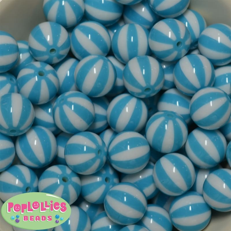 20mm Cyan Blue Melon Stripe Bubblegum Beads