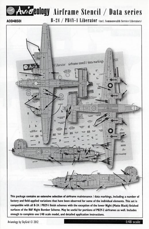 Aviaeology #48S01 1/48 B-24 / PB4Y-1 Liberator Stencil / Data