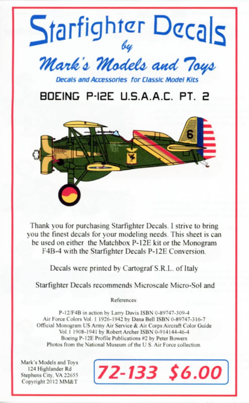Starfighter Decals #72-133 1:72 P-12E USAAC Pt. 2