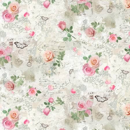 BELLEROSE Beige Vintage Scrapbook Fabric With Pink Roses by Timeless ...