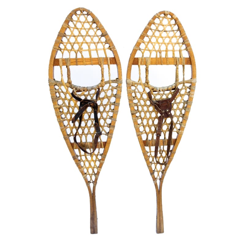 1960s Canadian Vintage Wood Snowshoes with leather bindings