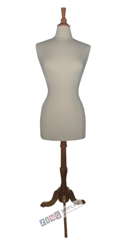 Female Dress Form with Finial Wood Neck Block and Tripod Base