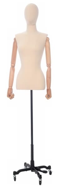 Female Dress Form with Wooden Adjustable Arms - Black Base with Wheels