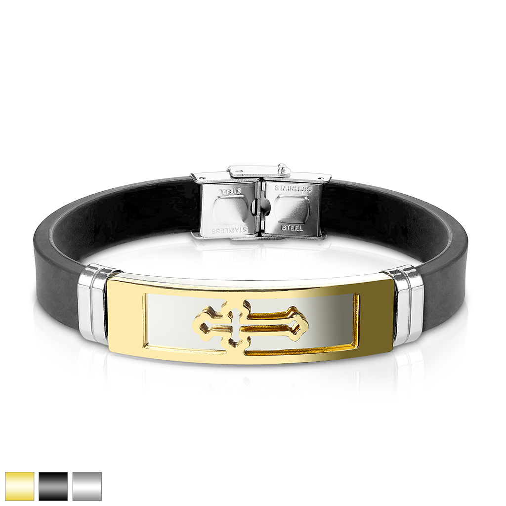 Steel Plate Cross with Silicon Rubber Strap Bracelet
