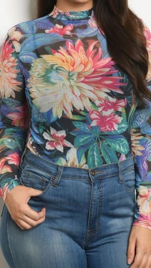 Mesh bodysuit plus sizes, vivid floral
