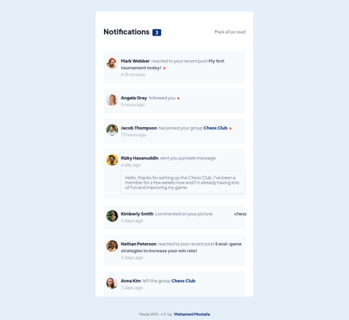 Frontend Mentor | Notifications Page Using React And Tailwind coding challenge solution