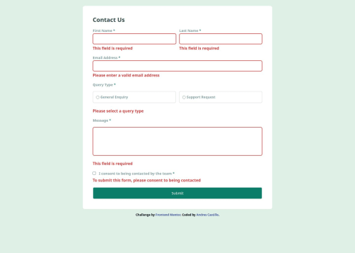 Responsive contact form using HTML, CSS and JavaScript coding challenge solution | Frontend Mentor