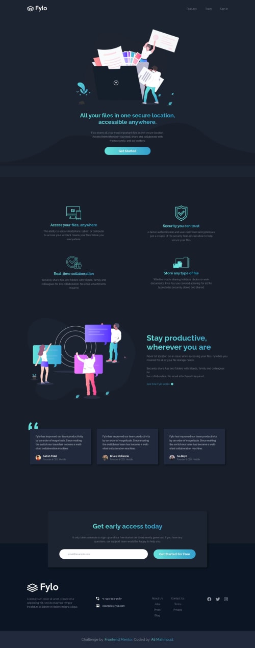 Frontend Mentor | Fylo Landing Page With Dark Theme coding challenge solution