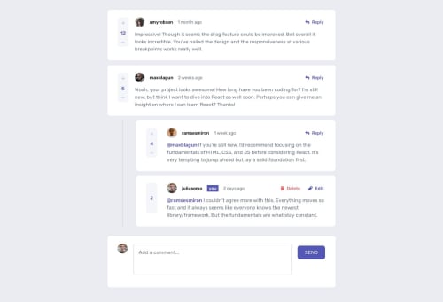 Interactive comments section using Vanilla JS, SCSS and localStorage coding challenge solution