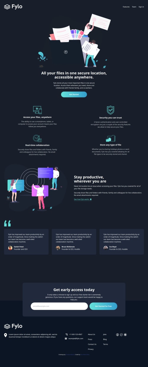 Frontend Mentor | Fylo Landing Page Dark Theme (tailwind css, js,) coding challenge solution