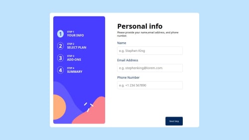 Multi Step Form using HTML, Css and JavaScript coding challenge solution | Frontend Mentor