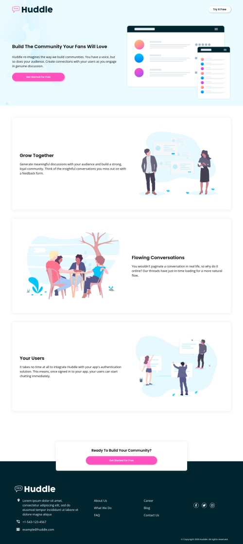 Huddle Landing Page Made with CSS Flexbox, Grid & Mobile First. coding challenge solution ...
