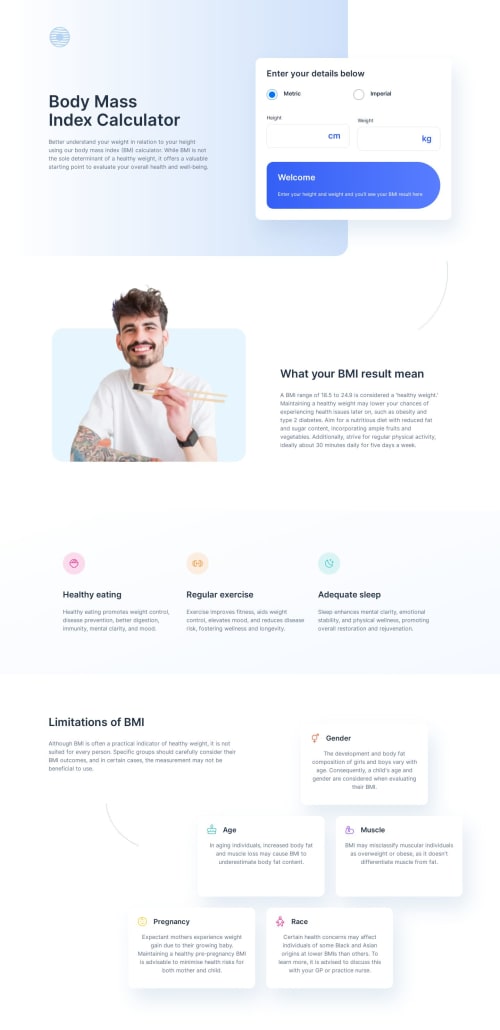Responsive BMI calculator using CSS flexbox and Grid with React coding challenge solution