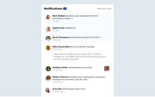 Notification feed built in React, using Tailwind coding challenge solution | Frontend Mentor