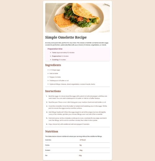 A Simple Omelette Recipe using HTML and CSS coding challenge solution | Frontend Mentor