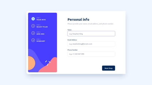 Responsive multi-step form using react and tailwind coding challenge solution | Frontend Mentor