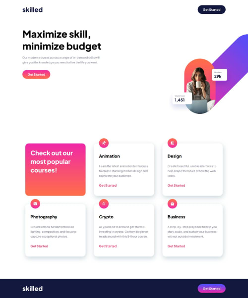 Landing page using simple display grid and media queries coding challenge solution | Frontend Mentor