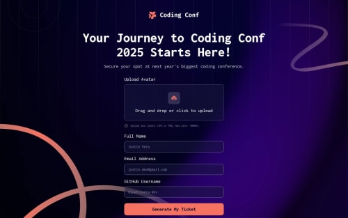 Conference Ticket Generator HTML/CSS/Vanilla JS coding challenge solution