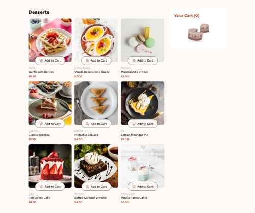 Frontend Mentor | Product Grid and Cart w/ vanilla JS coding challenge solution