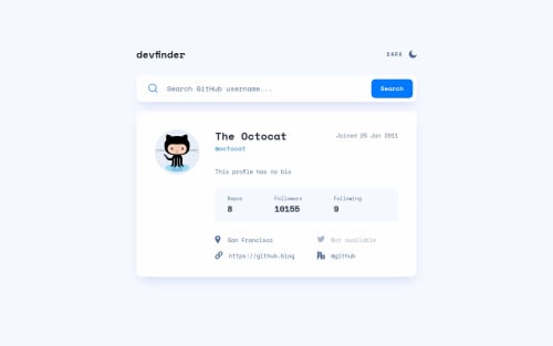 Animated Github User Search App, Vanilla JS coding challenge solution