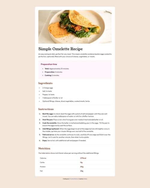 Omelette Recipe Page using Tailwind CSS coding challenge solution | Frontend Mentor