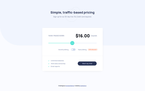 Responsive interactive pricing component using CSS Grid and JS coding challenge solution