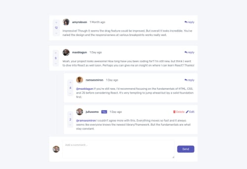 Frontend Mentor | Interactive Comment Section Built with HTML, SASS, Vanilla JavaScript coding ...