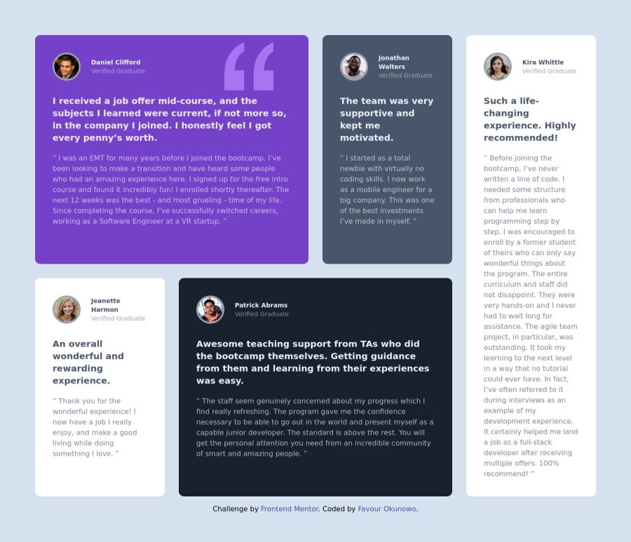 Frontend Mentor Responsive Testimonials Grid Section Using Tailwind