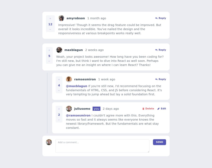 Frontend Mentor Interactive Comments Section Built With React
