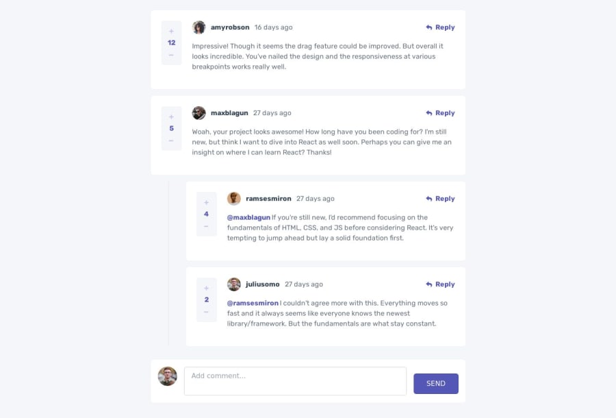 Frontend Mentor Comments Section Using React And Tailwind Coding