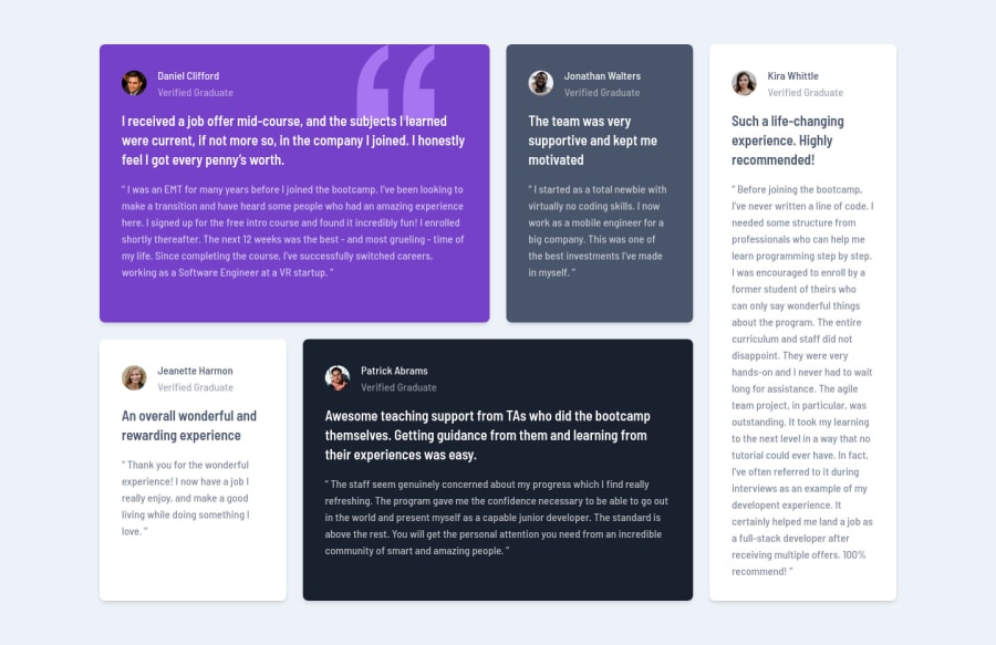 Frontend Mentor Testimonial Grid Section Using Reactjs And Tailwindcss Coding Challenge Solution