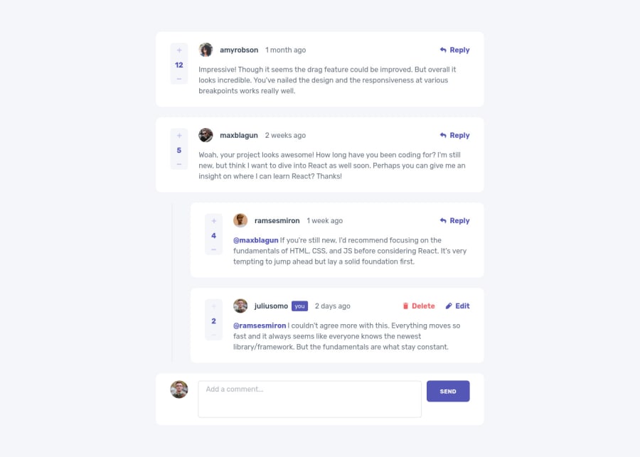 Frontend Mentor Responsive Interactive Comments Section Using Reactjs