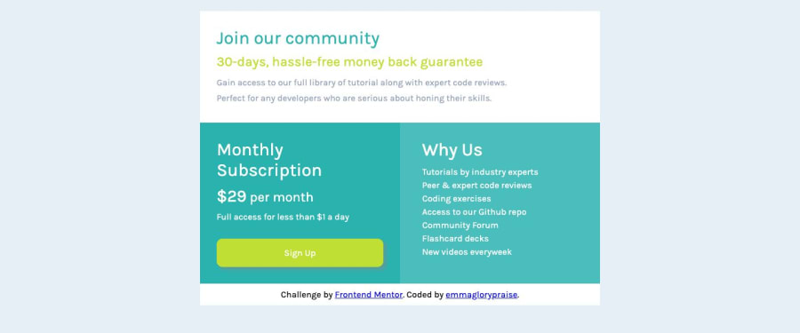 Frontend Mentor Single Price Grid Component Using Htmlcss And Css Flexbox Coding Challenge