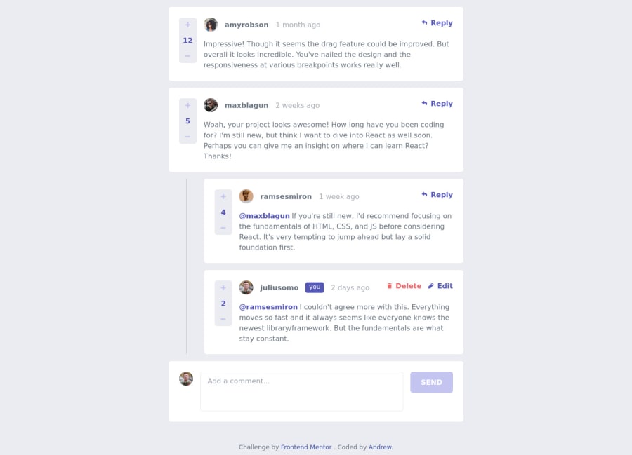 Frontend Mentor Interactive Comments Section Using React Tailwind