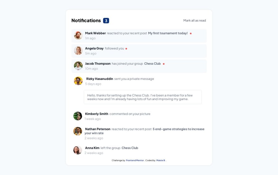 Frontend Mentor Mobile First Notifications Page Using Html Css And Js Coding Challenge Solution