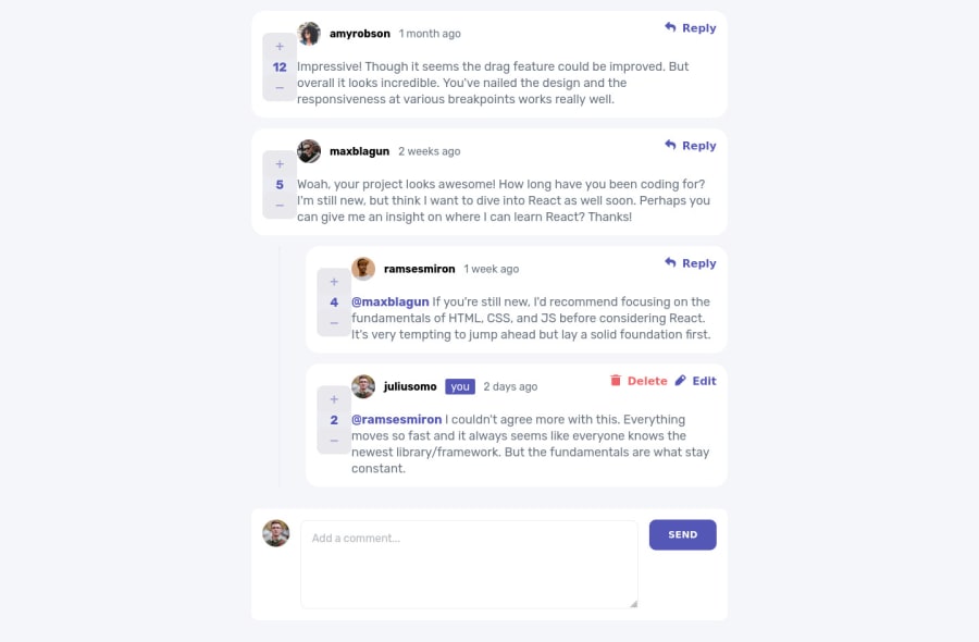 Frontend Mentor Html Css Interactive Comment Section Coding Challenge