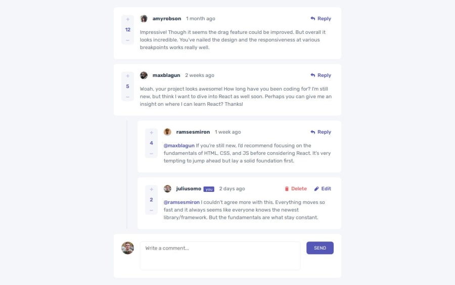 Frontend Mentor Responsive Comments Section Using Css Grid And Reactjs Coding Challenge Solution