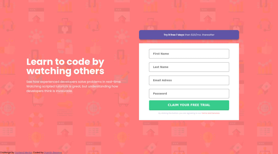 Frontend Mentor Using Form Flex Box Media Queries Js Regex Eventlistener Coding