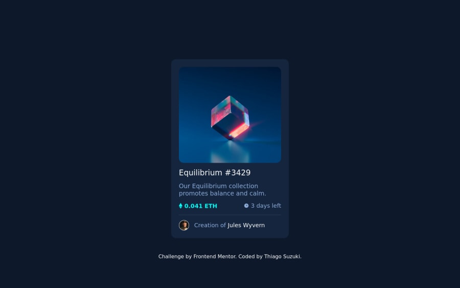 Frontend Mentor Nft Preview Component Card With Html And Css Coding Challenge Solution