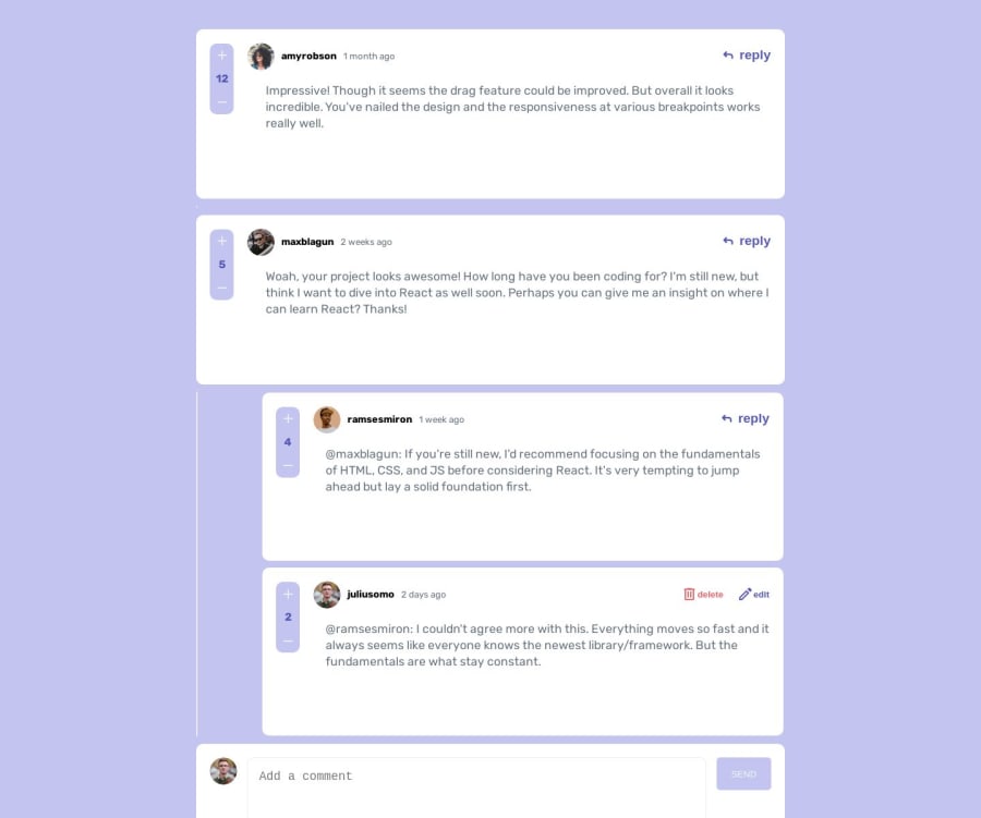 Frontend Mentor Interactive Comments Responsive Html Css Javascript Coding Challenge Solution