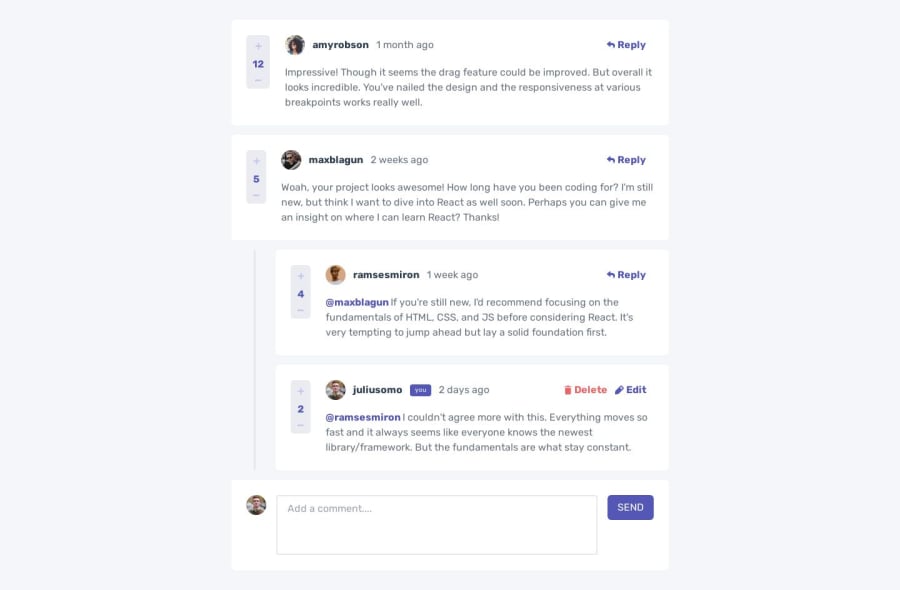 Frontend Mentor Interactive Comment Section Using React Typescript And Tailwind Coding