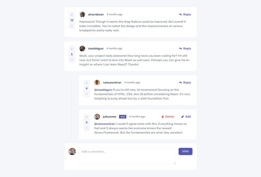 Frontend Mentor Interactive Comment Sections With React Tailwindcss Coding Challenge Solution