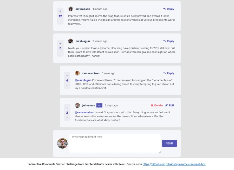 Frontend Mentor Interactive Comments Section Using React Coding