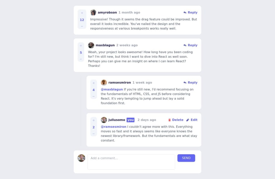 Frontend Mentor Interactive Comments Section With Vue Js And Tailwind Css Coding Challenge Solution