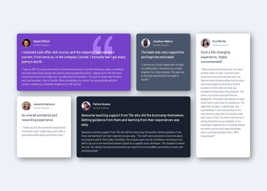 Frontend Mentor Responsive Testimonials Layout Using Grid And Flexbox Coding Challenge Solution