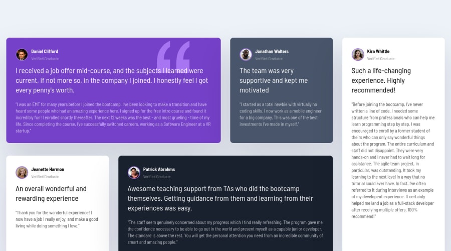 Frontend Mentor Testimonials Using Flexbox And Css Grid Coding Challenge Solution