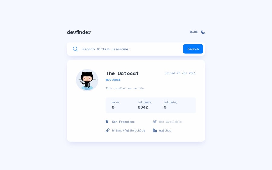 Frontend Mentor Github User Search App With Reactjs Css Grid And Flexbox Coding Challenge