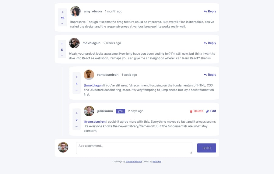 Frontend Mentor Interactive Comments Using Css A Bit Of Bootstrap And Javascriptjque Coding